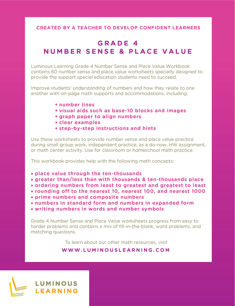 Number Sense & Place Value Worksheets - Special Ed - Grade 4